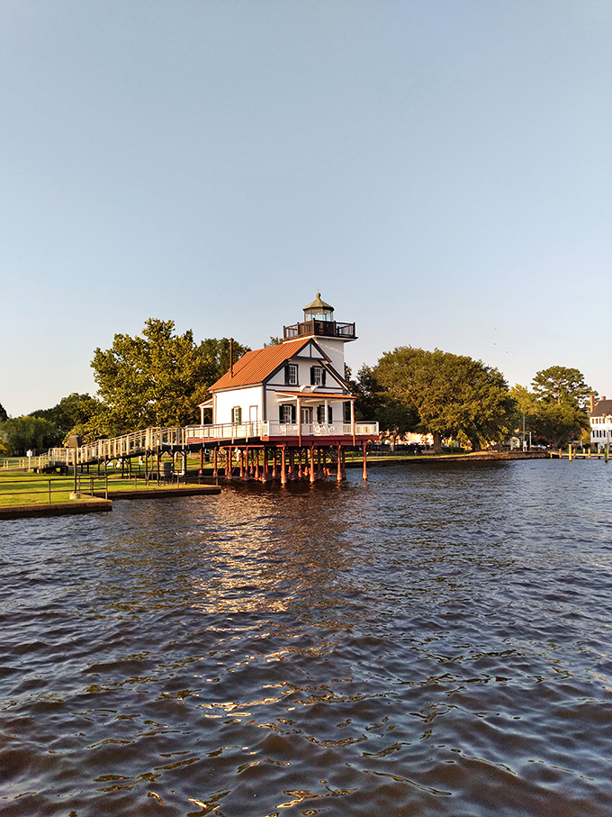 The 1886 Roanoke River Lighthouse stands proudly over Edenton Bay, a Victorian sentinel that seems to wink at passing boats.