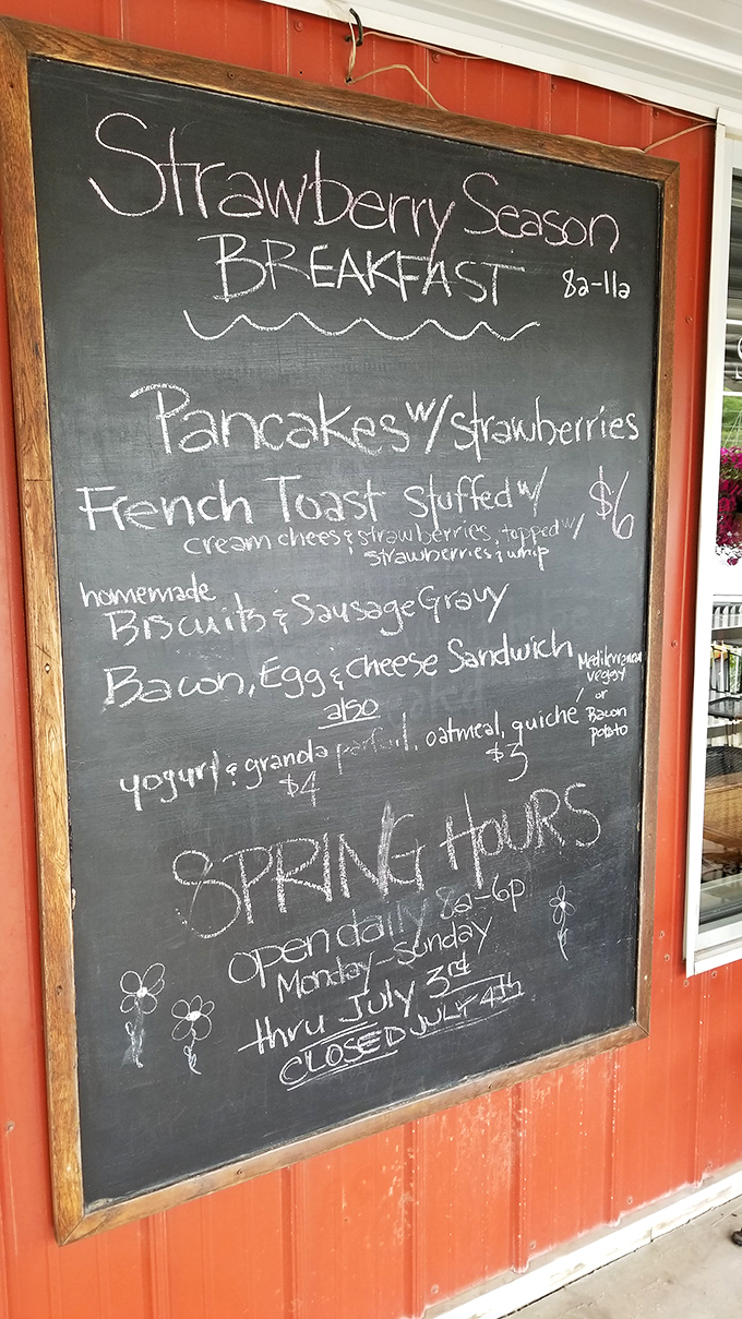 That chalkboard menu isn't just information—it's a roadmap to happiness. Strawberry season breakfast is worth setting an alarm for.