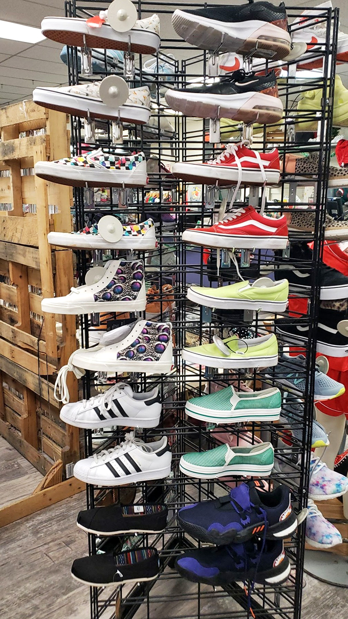 Sneaker heaven! From classic Vans to sporty Nikes, this footwear display is like a museum of cool where everything's for sale.