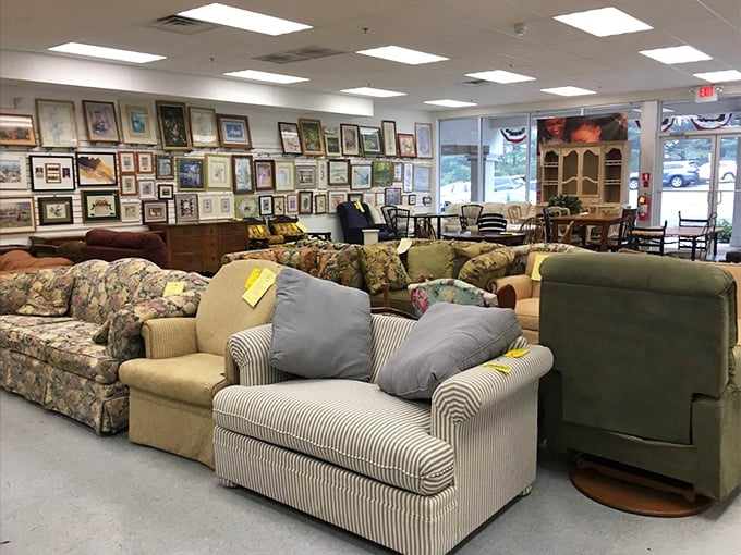 A showroom where sofas of every era congregate&mdash;from mid-century modern to "grandma's plastic-covered special"&mdash;all priced less than a fancy dinner for two.