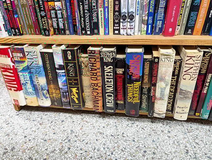 Stephen King's kingdom claims its territory on these shelves. His spine-tingling titles stand shoulder to shoulder, waiting to keep you up at night.