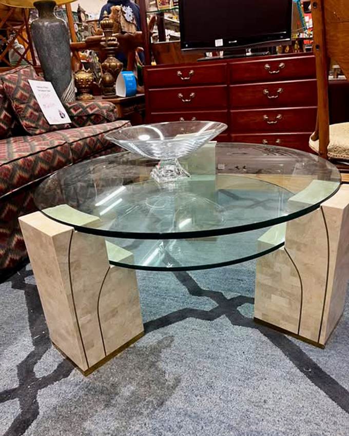 That stone-base glass coffee table isn't just furniture&mdash;it's a conversation piece waiting to happen in some lucky Hoosier's living room.