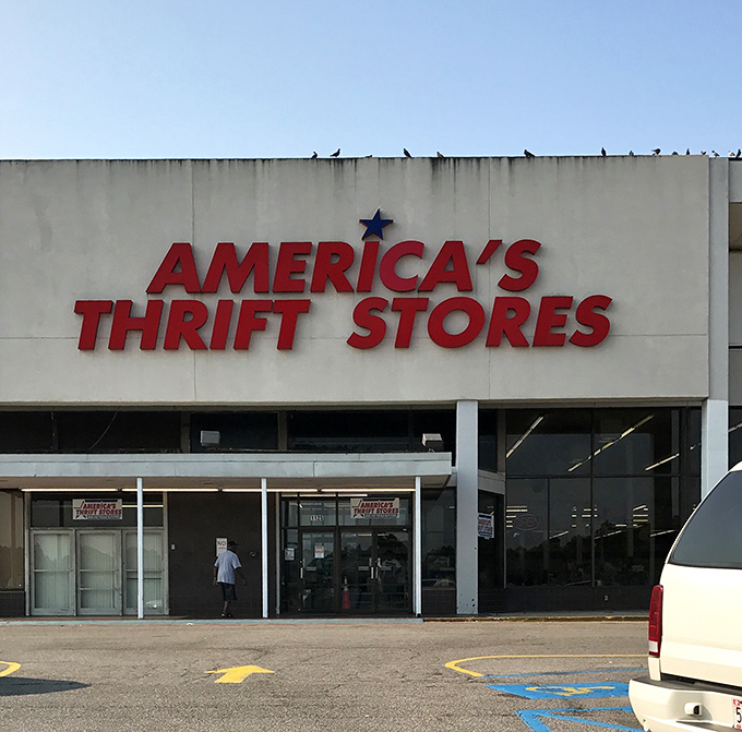The red lettering against white concrete serves as a siren call to thrifters, with birds perched above as if they too know where the deals are.