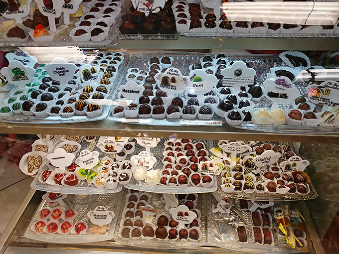 Chocolate truffles lined up like delicious soldiers, each one a different flavor adventure waiting to happen. Hazelnut and rum are plotting your delicious downfall.