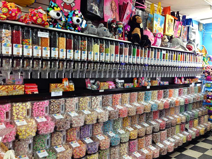 The wall of bulk candy dispensers creates an edible art installation that would make Willy Wonka himself stop and stare.