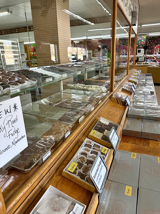 The chocolate lineup at Kopper Kettle is like a delicious chessboard where every move ends in checkmate for your willpower.
