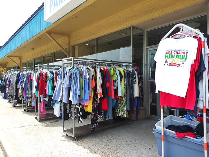 The outdoor clothing racks offer a rainbow of possibilities. Fashion trends may come and go, but a good deal is always in style.