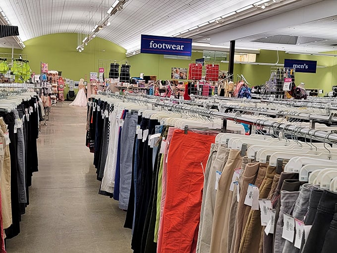 The clothing racks stretch toward the horizon like a textile Grand Canyon. That perfect vintage jacket is hiding here somewhere, patiently waiting for you.