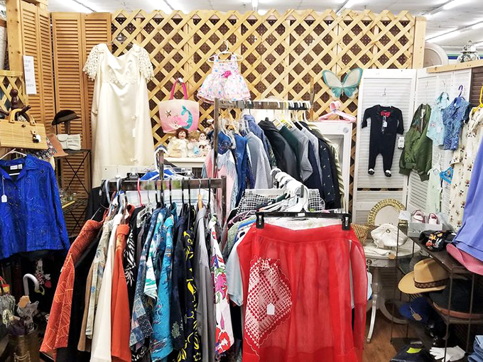 Yesterday's fashions hang patiently, waiting for their second act. That red blouse might have stories that would make your Instagram followers jealous.