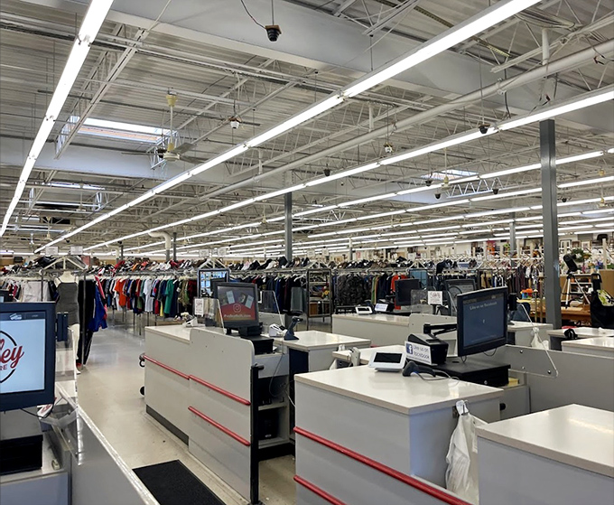 Clean, organized checkout counters dispel any thrift store stereotypes. This operation runs with the efficiency of a department store but the prices of your grandmother's garage sale.