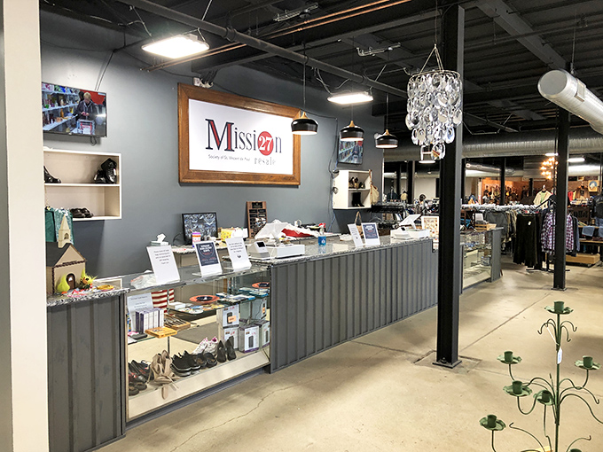 The checkout counter, where dreams and budgets negotiate their final terms. That crystal chandelier overhead has witnessed countless "I found this!" moments.