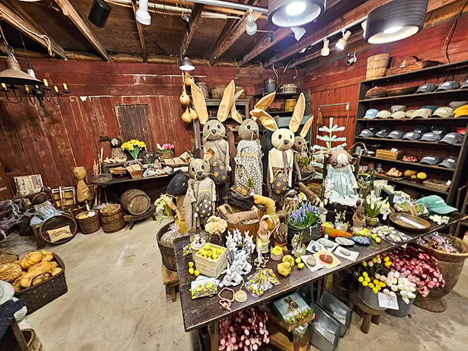 An army of handcrafted rabbits stands at attention, guarding their bounty of country charm. Easter apparently exploded in this corner of Pennsylvania.