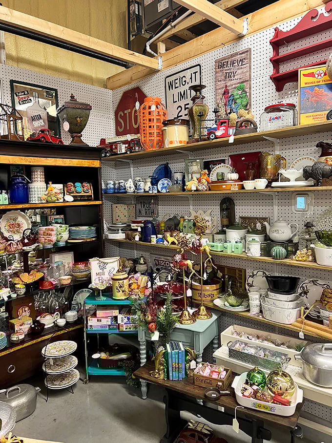 One collector's clutter is another's paradise. This booth overflows with vintage glassware, kitchenware, and decorative items that whisper stories of dinner parties past.