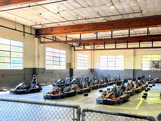 The starting grid – a colorful fleet of electric chariots awaiting their next batch of would-be Andrettis and Sunday drivers alike.