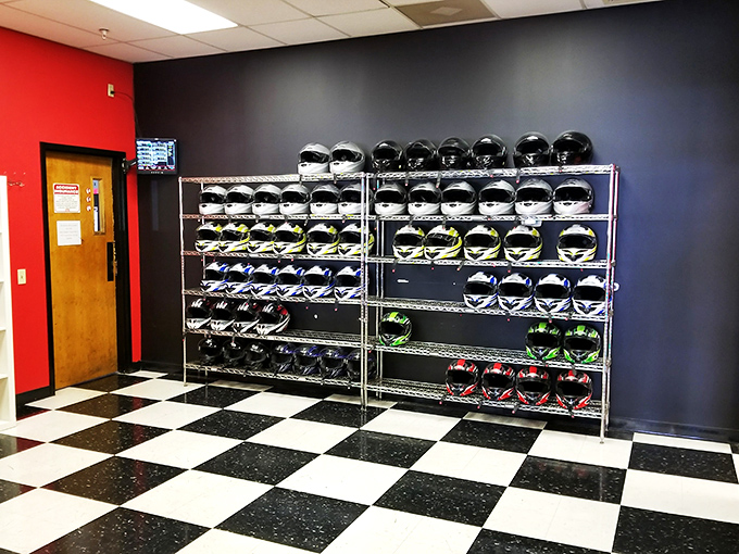 Wall of courage! Each helmet represents someone who traded perfectly styled hair for the thrill of saying "I passed a teenager on the inside corner."