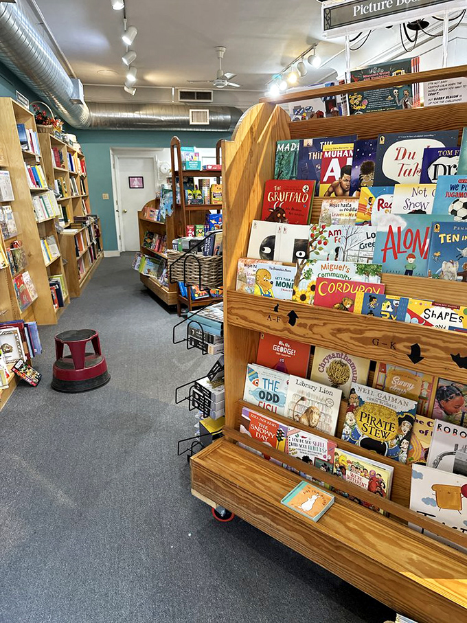 Every bibliophile's dream come true: floor-to-ceiling wooden shelves create literary canyons you could happily get lost in for hours.
