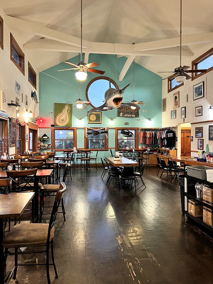 That shark isn't the only thing with an impressive bite here. The seafoam walls and vaulted ceilings create the perfect backdrop for seafood feasting.