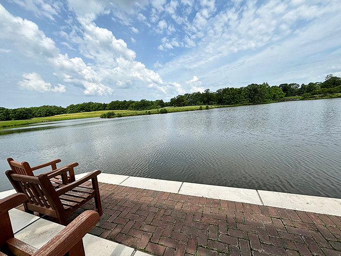Two wooden benches invite contemplation by the lake, where the sky performs its daily masterpiece of cloud choreography.
