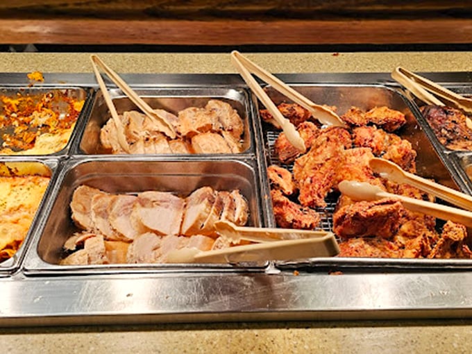 The buffet line's greatest hits album: tender roast chicken, succulent ham, and sides that make vegetables actually worth eating. Dieting starts tomorrow... or never.