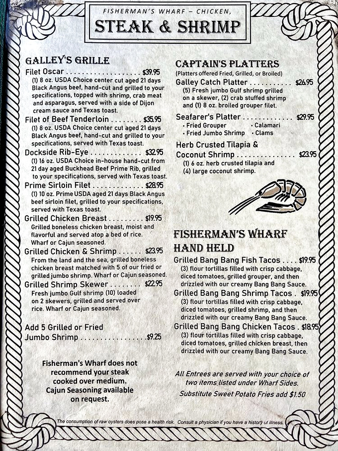 A menu that reads like a love letter to seafood enthusiasts. From Filet Oscar to Bang Bang Tacos, decisions here are deliciously difficult.