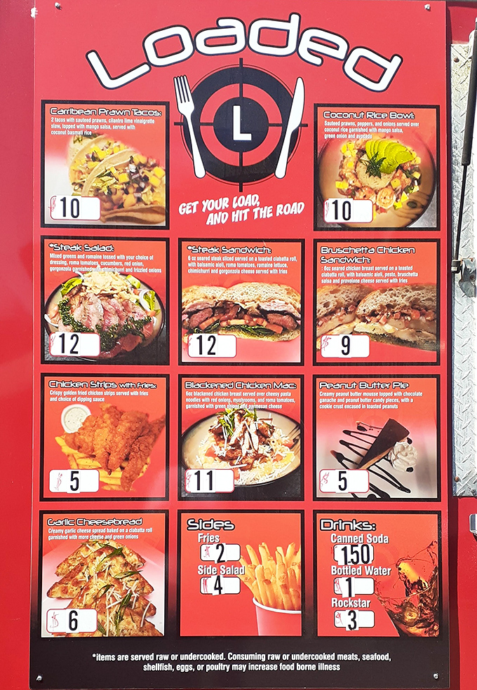 This menu isn't just a list—it's a roadmap to happiness. The "Get Your Load And Hit The Road" slogan perfectly captures the experience.