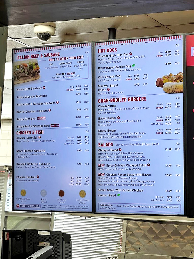 The menu board at Portillo's reads like a love letter to Chicago street food. Decisions this difficult should come with a therapist on standby.