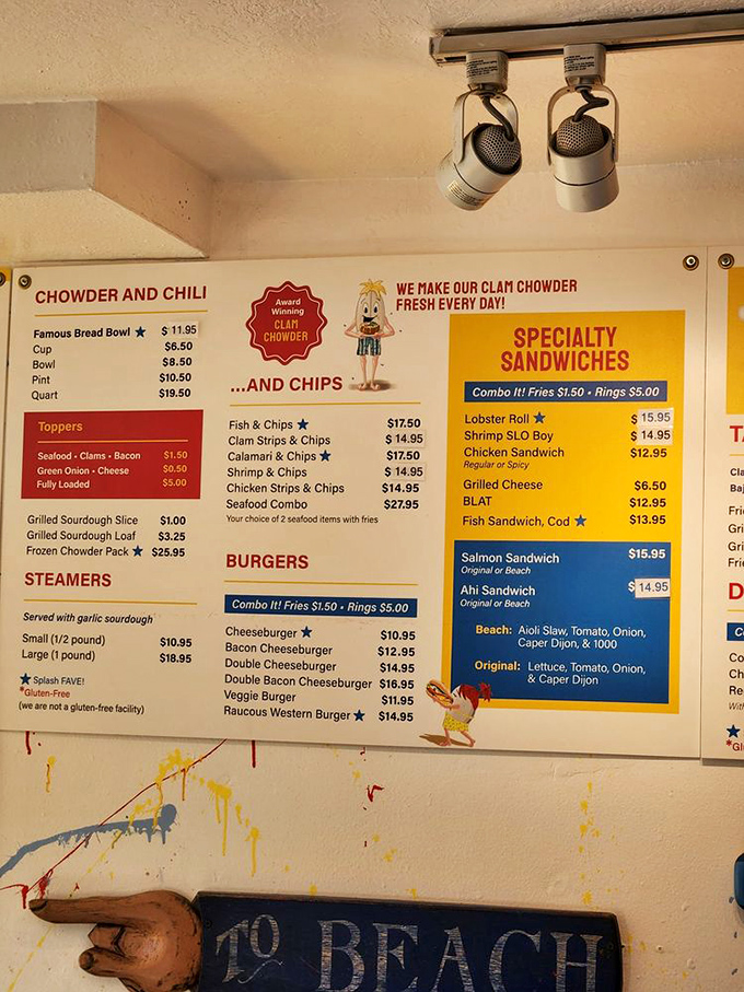 The menu board reads like a love letter to seafood enthusiasts. Notice how your eyes automatically gravitate to "Award Winning Clam Chowder."