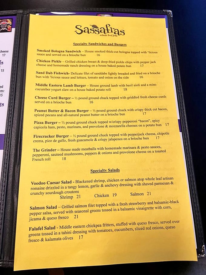 This isn't just a menu&mdash;it's a treasure map. Each yellow page reveals another culinary adventure, from Peanut Butter & Bacon Burgers to Middle Eastern Lamb creations.