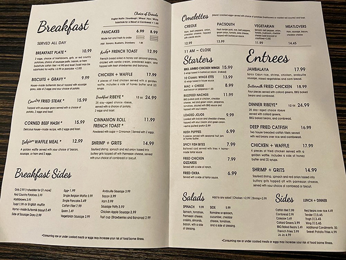The menu reads like a love letter to Southern cuisine - breakfast all day, shrimp and grits, cornbread, and more delights await your appetite.