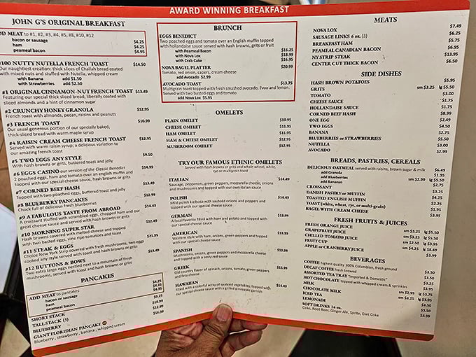 This menu isn't just a list—it's a roadmap to breakfast nirvana. The "Famous Ethnic Omelets" section alone is worth the pilgrimage.