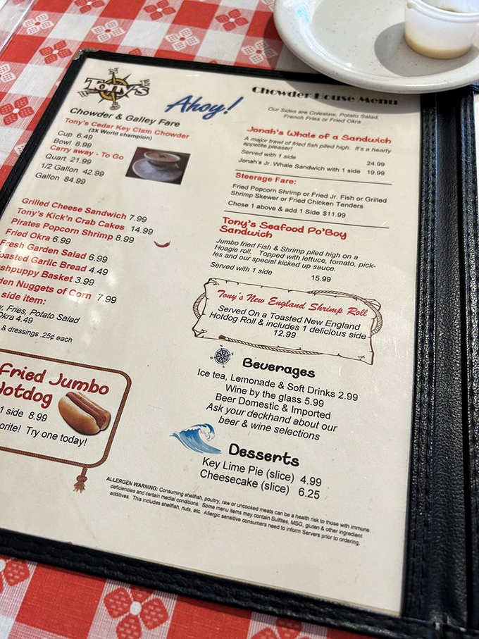 The menu reads like a love letter to seafood enthusiasts. Tony's Cedar Key Clam Chowder proudly wears its "World Champion" crown&mdash;and rightfully so.