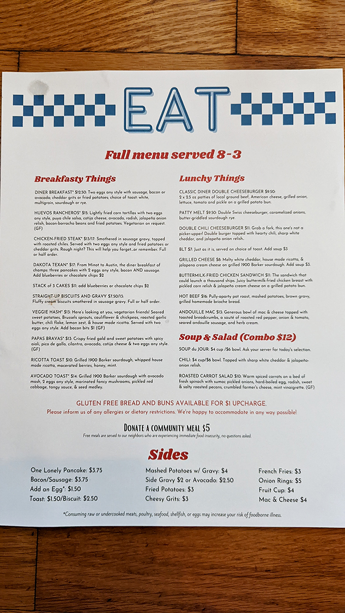 A menu that doesn't just list food but promises happiness. "One Lonely Pancake" might be the most poetic breakfast item in Kansas.