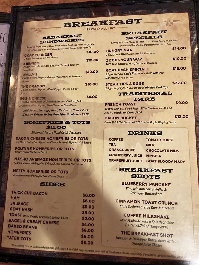 This breakfast menu reads like a love letter to morning indulgence. The "Bacon Bucket" alone is worth setting your alarm for.