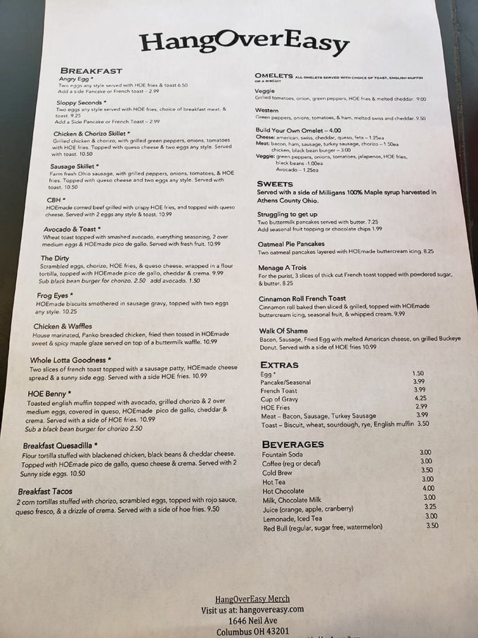 The menu reads like poetry for the perpetually hungry&mdash;each laminated page a roadmap to breakfast nirvana with clever names that'll make you smile.