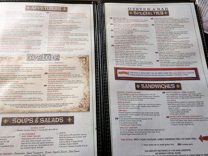 The menu reads like a love letter to New Orleans cuisine, with each description promising a flavor adventure worth embarking on.