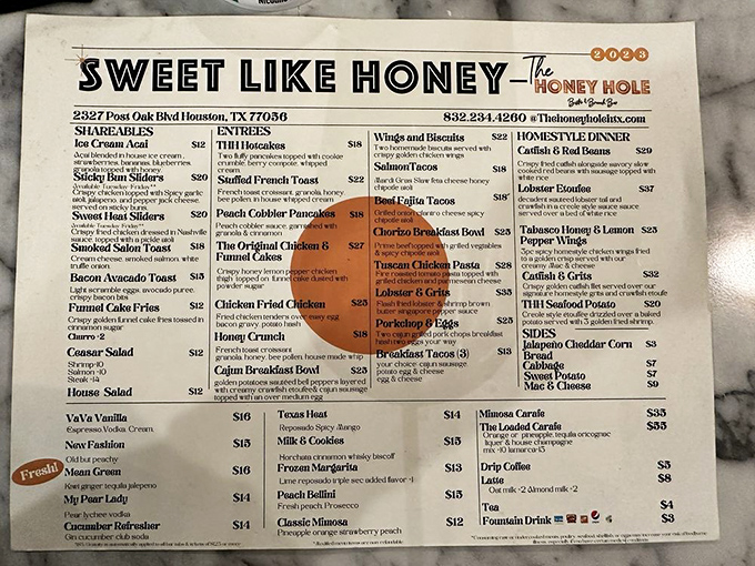 This menu reads like a love letter to Southern cuisine with a Houston twist. Warning: decision paralysis is a real risk here.