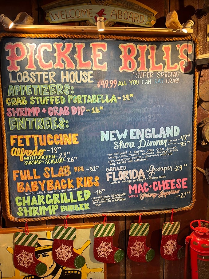 This menu board isn't just offering food &ndash; it's presenting life choices. The all-you-can-eat crab special is basically a dare.