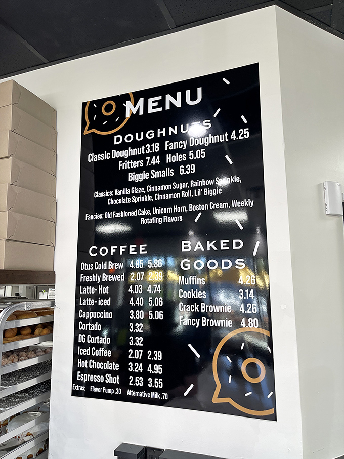 The menu board at DG Doughnuts reads like poetry to pastry lovers. Notice how "Fritters" gets its own special category?