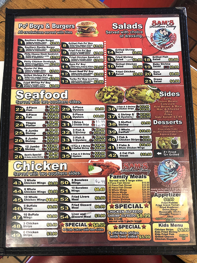This menu isn't messing around. With over 50 items spanning seafood, chicken, and po'boys, decision paralysis is the only thing you'll leave hungry.