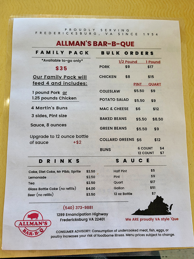 A menu that hasn't needed a consultant since 1954. When you've perfected Virginia-style 'que, why complicate things?