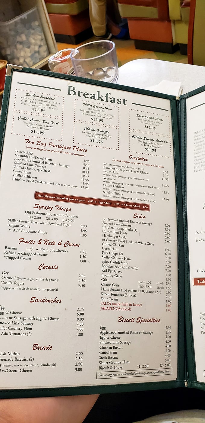 A menu that reads like poetry to the breakfast-obsessed. Each line promises comfort that no trendy avocado toast could ever deliver.