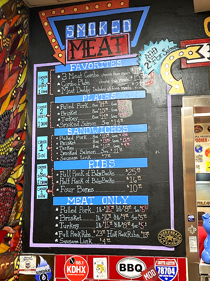 The chalkboard menu&mdash;a roadmap to happiness. Notice how "SMOKED MEAT" gets top billing, as it should in any proper BBQ establishment.