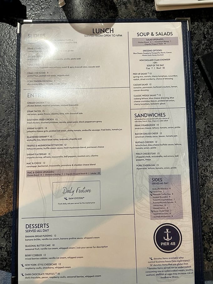 A menu that makes decisions delightfully difficult. From New England clam chowder to truffle mushroom fettuccine, every option feels like the right one.