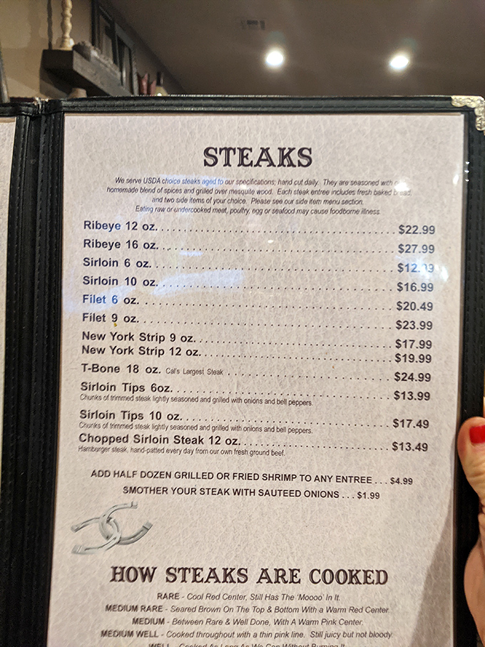 The menu reads like poetry to protein lovers. That "How Steaks Are Cooked" section? Pure Americana&mdash;where "rare" still proudly "has the 'Mooo' in it."