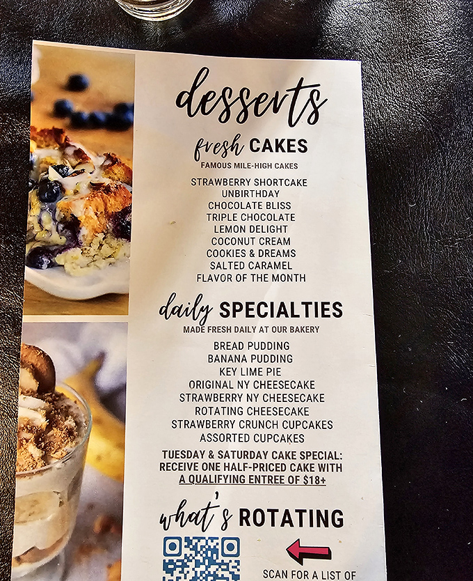 This dessert menu reads like a bucket list for sweet tooths. The "mile-high cakes" aren't just clever marketing&mdash;they're towering monuments to indulgence.