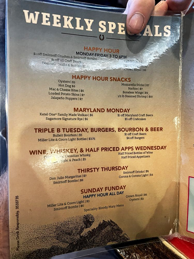The weekly specials board reveals Jennings' secret weapon: "Triple B Tuesday" featuring burgers, bourbon, and beer. The holy trinity of comfort food has found its temple.
