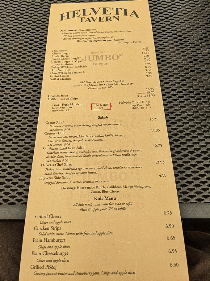 A menu that doesn't need fancy descriptions or trendy ingredients—just the promise of burger perfection on simple yellow paper.