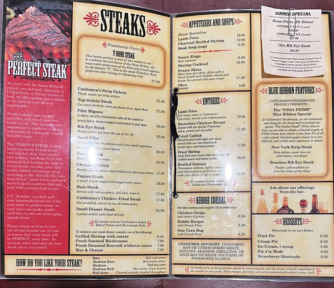 This menu isn't just a list of options&mdash;it's a historical document of America's love affair with beef. The "Presidential Choice" T-bone speaks volumes.