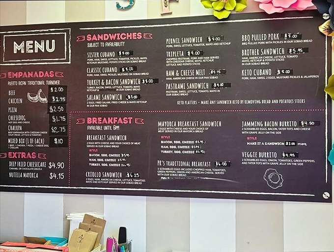 This menu isn't just a list of options&mdash;it's a roadmap to happiness. The empanadas section alone is worth framing.