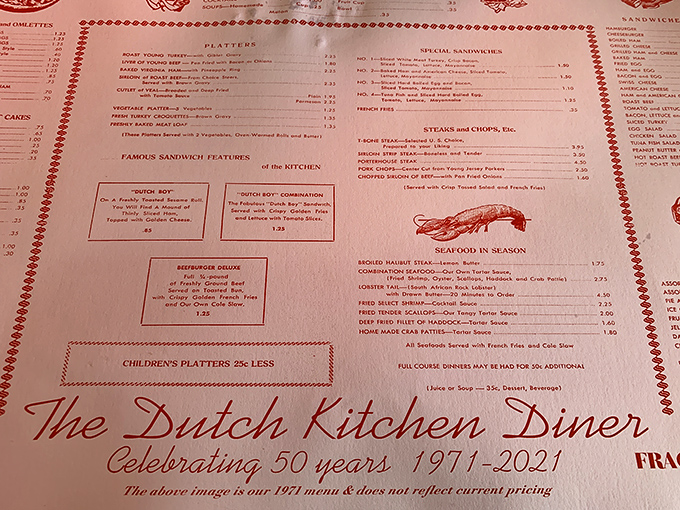 This vintage menu celebrates 50 years of feeding the masses, a time capsule of culinary constants in a world of fleeting food trends.